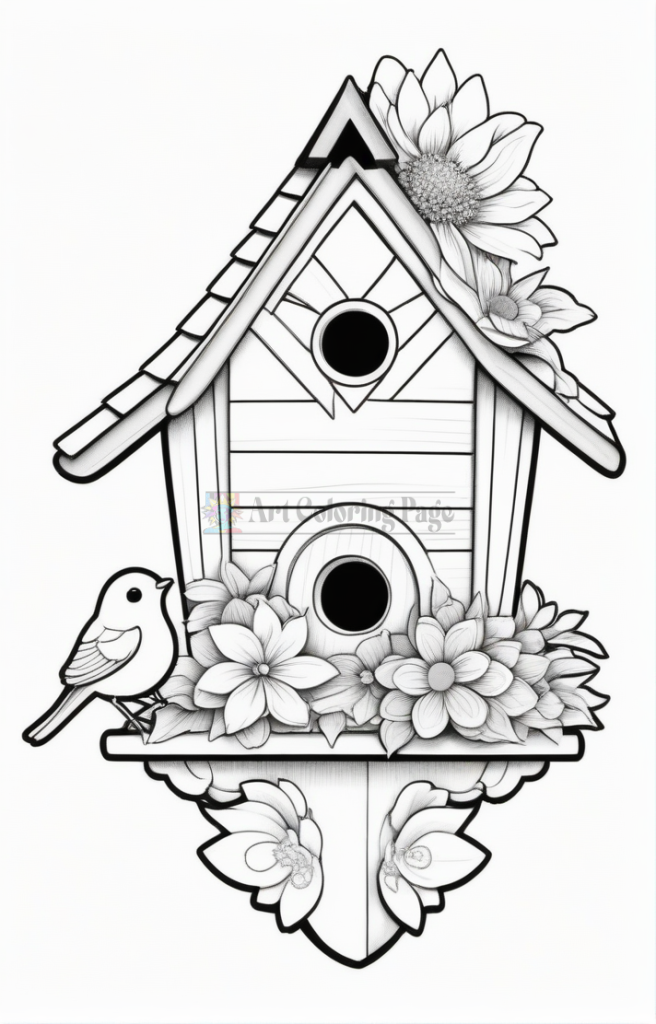 Bird House Flowers coloring page, Coloring Sheet for Kids Vol 1